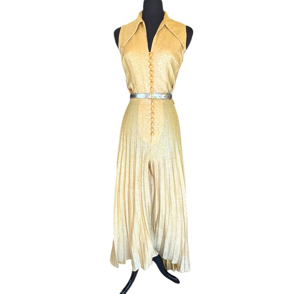 Vintage | Pants & Jumpsuits | Vintage Gold Lame Jumpsuit Pleated Wide ...